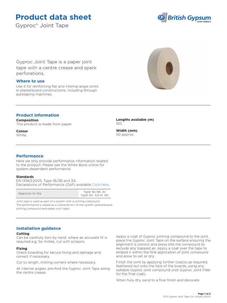 British Gypsum PDS Gyproc Joint Tape | PDF