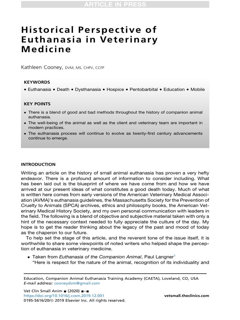 Historical Perspective of Euthanasia in Veterinary Medicine 2019 | PDF ...