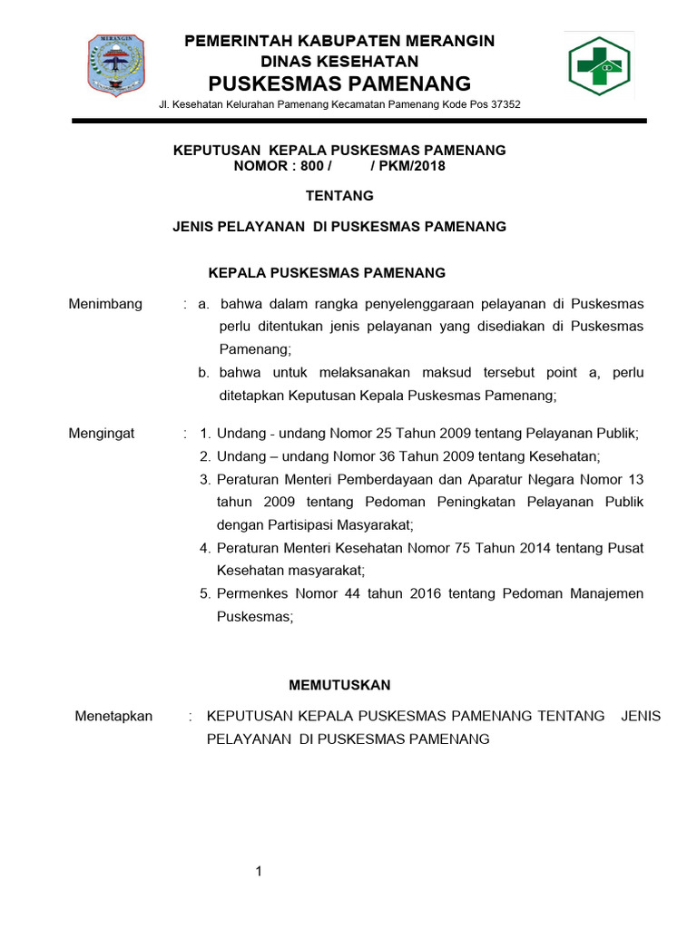 Revisi SK Jenis Pelayanan - 2019 | PDF