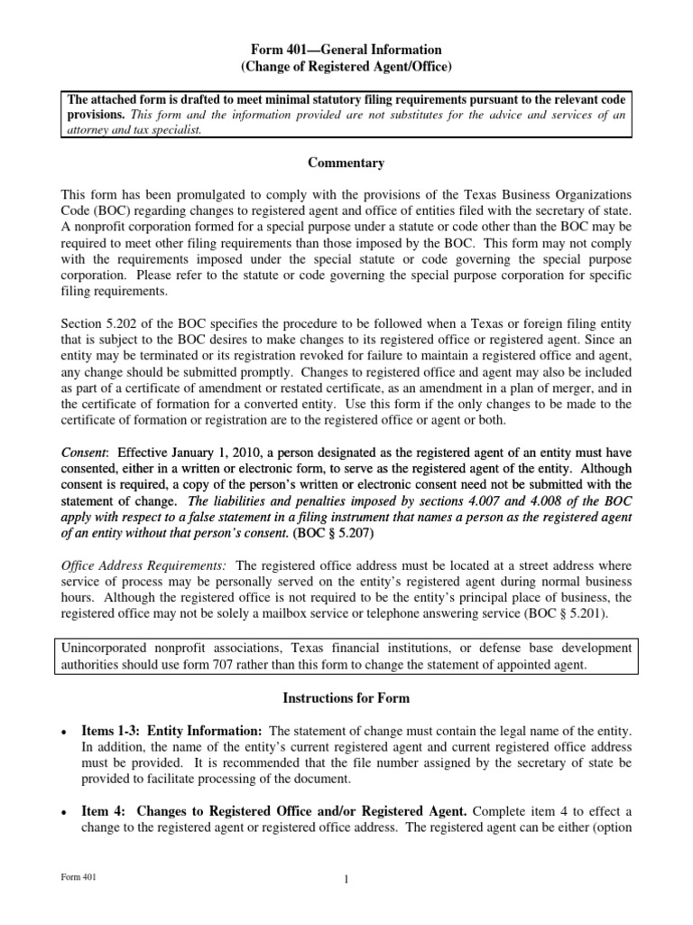 Texas Form 401: Change of Registered Agent | PDF | Registered Agent ...