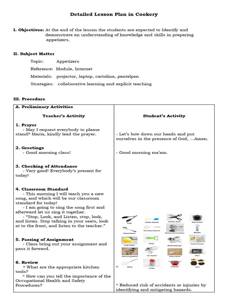 Lesson Plan for Appetizer Preparation | PDF | Hors D'oeuvre | Foods