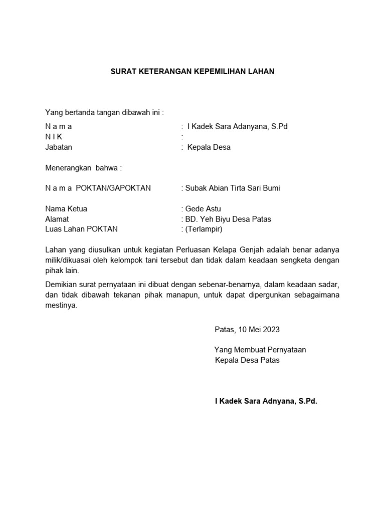 Surat Keterangan Kepemilikan Lahan | PDF