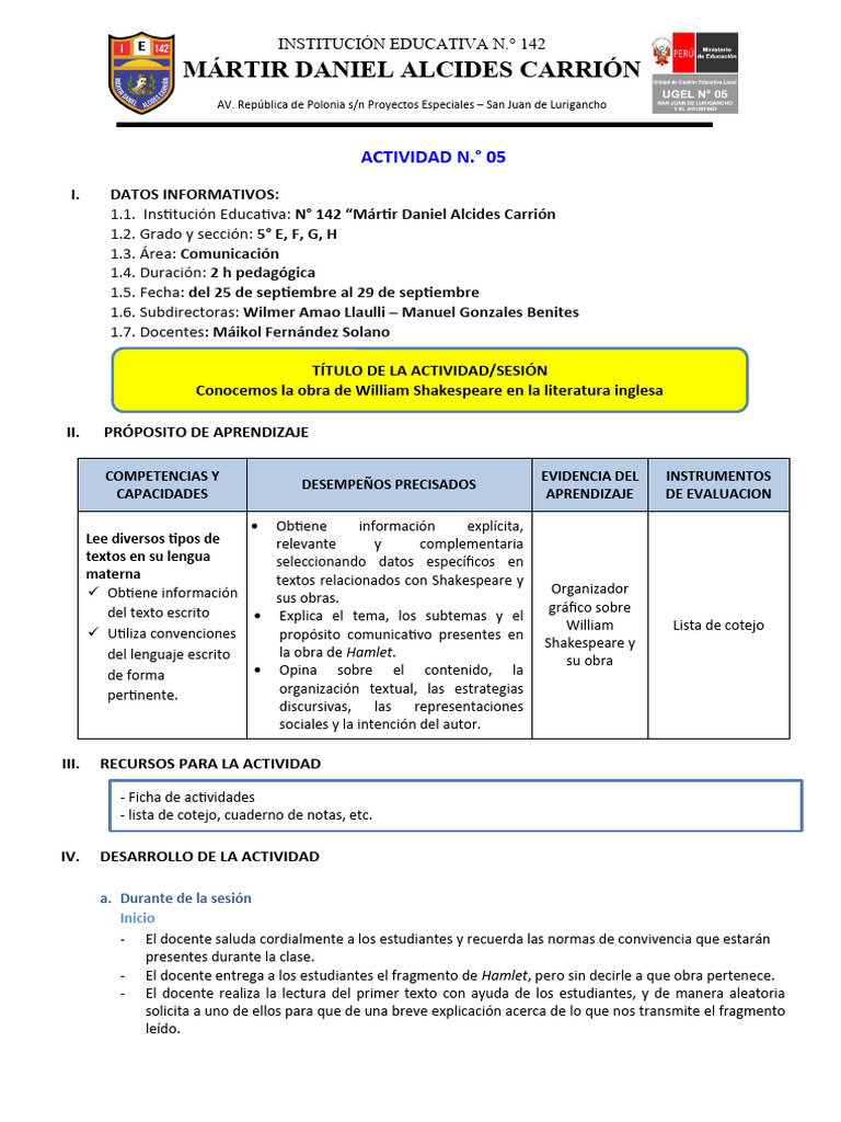 ACT_05_5°-Secundaria | PDF | William Shakespeare | Evaluación