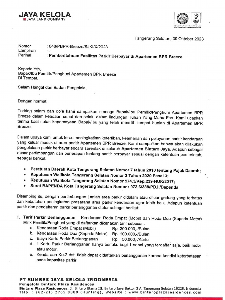 Surat Pemberitahuan Fasilitas Parkir Berbayar BPR Breeze | PDF Surat Pemberitahuan Fasilitas Parkir Berbayar BPR Breeze | PDF