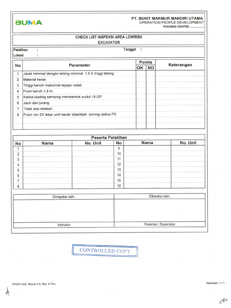 F-008 - OPD Revisi 0.0 Ret. 5 THN - Form Checklist Inspeksi Area Lowrisk Excavator | PDF