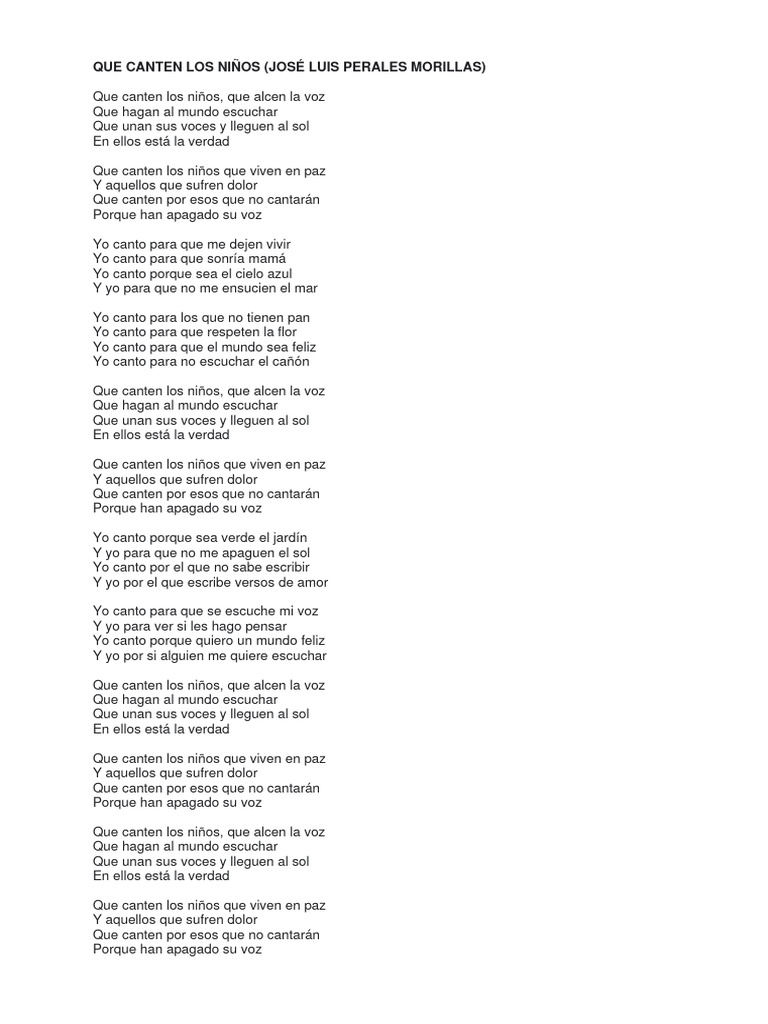 Letra Canción Que Canten Los Niños | PDF