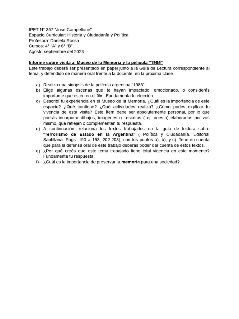 Informe Sobre Visita Al Museo de La Memoria y La Película 1985 IPET ... Informe Sobre Visita Al Museo de La Memoria y La Película 1985 IPET ...