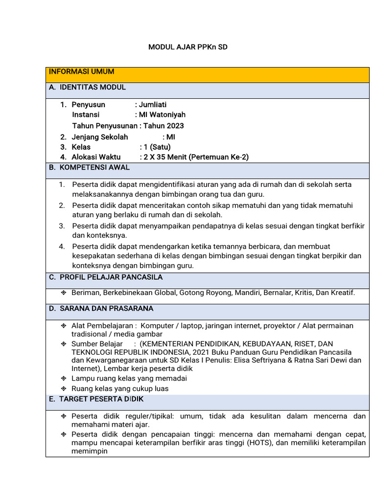 Modul Ajar PPKn Kelas 1 SD 2023 | PDF | Kesehatan Holistik | Sains & Matematika