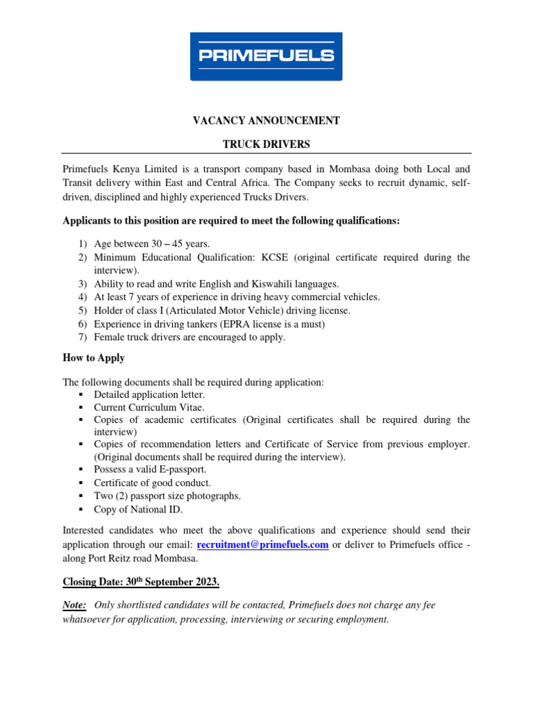 Heavy Truck Drivers - Job Advert-1 | PDF