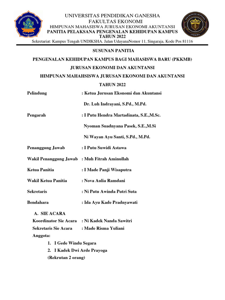 SUSUNAN PANITIA PKKMB 2022 (Online) | PDF | Karier & Perkembangan
