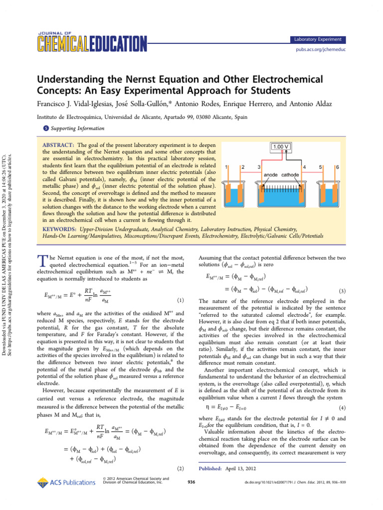 Nernst Equation: A Student Laboratory Guide | PDF | Electrochemistry ...