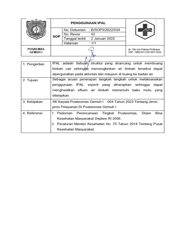 Sop Penggunaan Ipal | PDF | Teknologi & Rekayasa