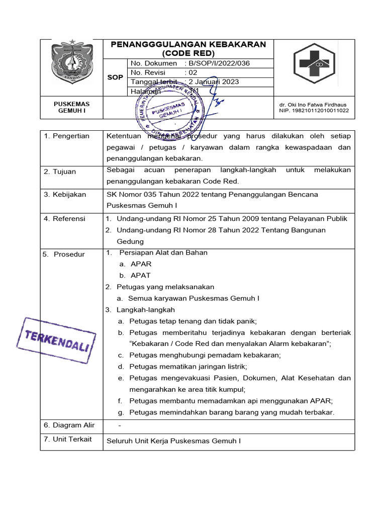 Sop Penangggulangan Kebakaran (Code Red) | PDF