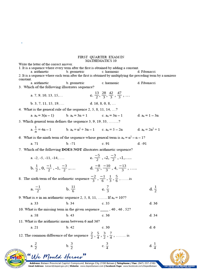 Mathematics 10 First Quarter Exam 2022 2023 1 | PDF | Zero Of A ...