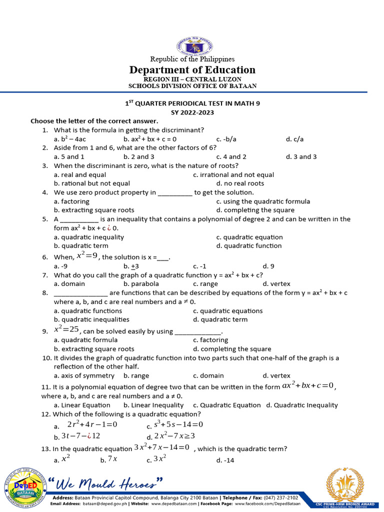 Math 9 1st PeriodicalTest With Key Answers 2022 2023 | PDF | Quadratic ...