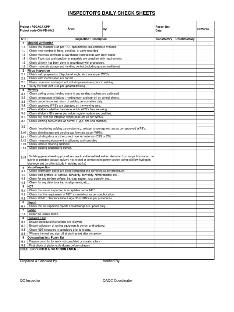 Daily QAQC Check Sheets | Download Free PDF | Welding | Construction
