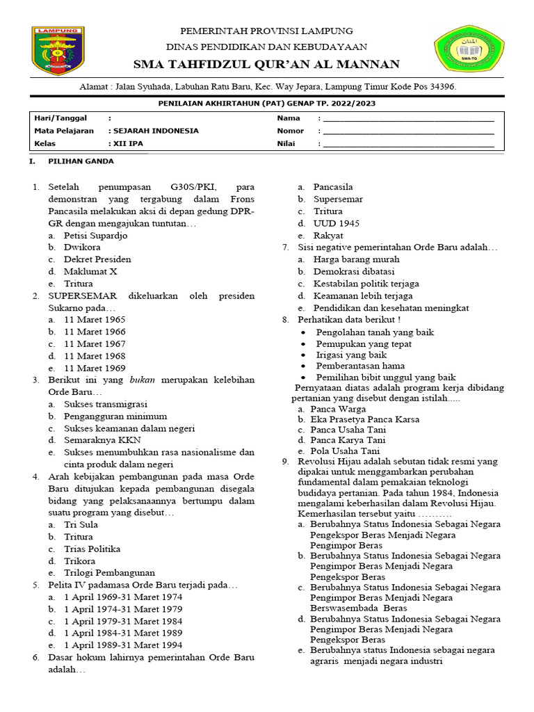 PAT Sejarah Indonesia Kelas XII IPA | PDF