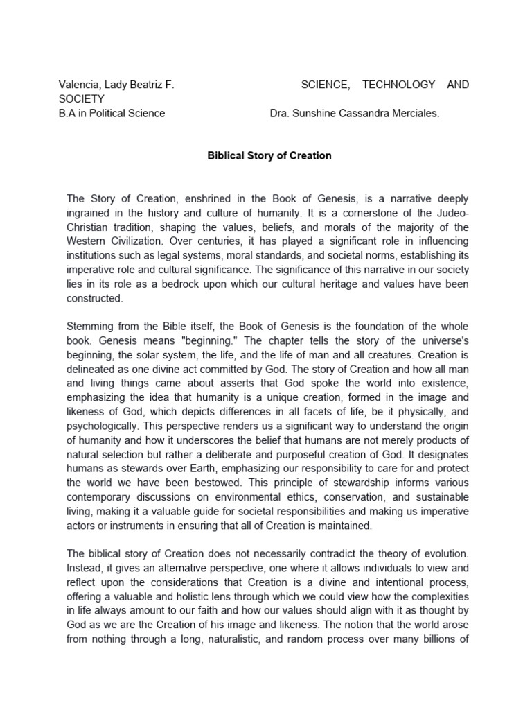 Biblical Story of Creation | PDF | Creationism | Genesis Creation Narrative