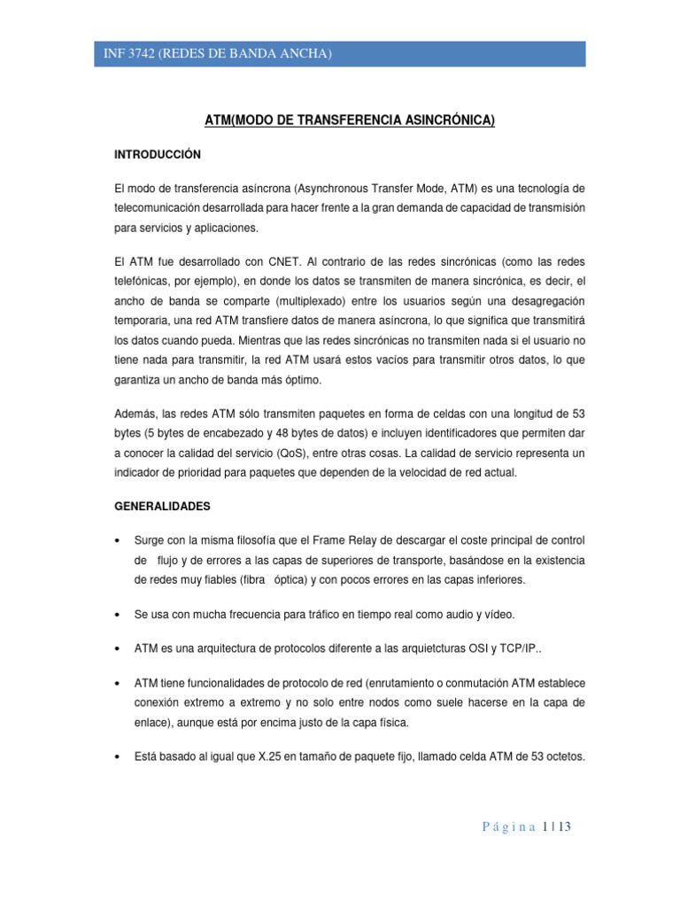 Inf 3742 (Redes de Banda Ancha) : Atm (Modo de Transferencia Asincrónica) | PDF | Modo de ...