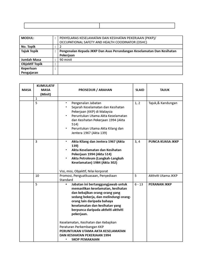OSH C LESSON PLAN Topik 2 - JKKP | PDF