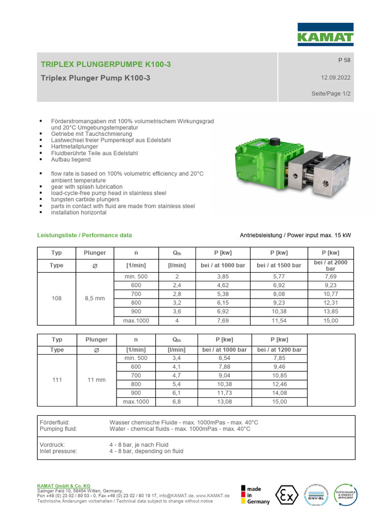 High-Pressure Triplex Plunger Pump K100-3 | PDF