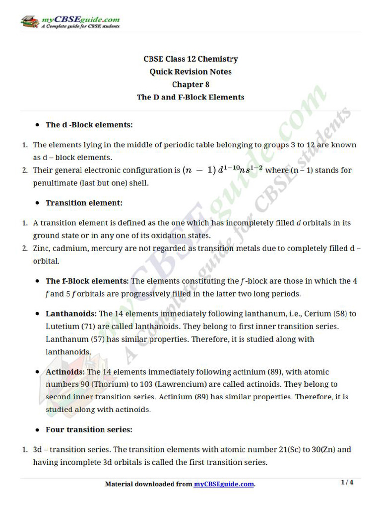 12 Chemistry Notes ch08 The Dblock F-Block Elements | PDF