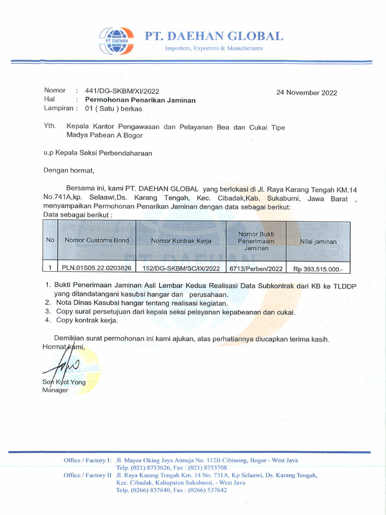 Permohonan Penarikan Jaminan No 441 KK 152 | PDF
