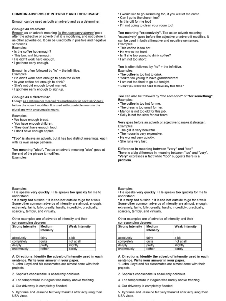 Common Adverbs of Intensity and Their Usage | PDF | Adverb | Noun