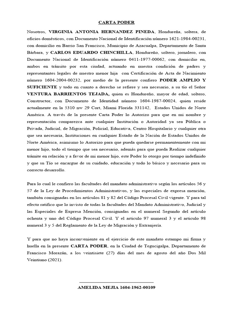CARTA PODER A Favor de Menor Que Viaja | PDF | Honduras | Gobierno