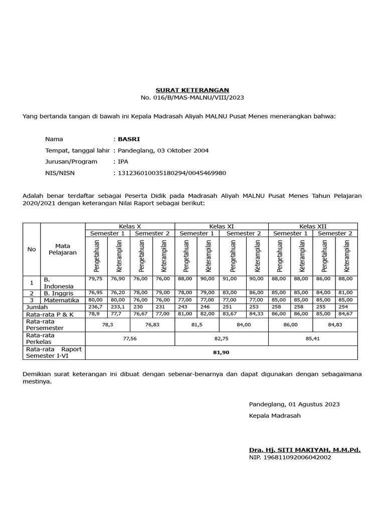 Surat Keterangan Nilai Raport | PDF