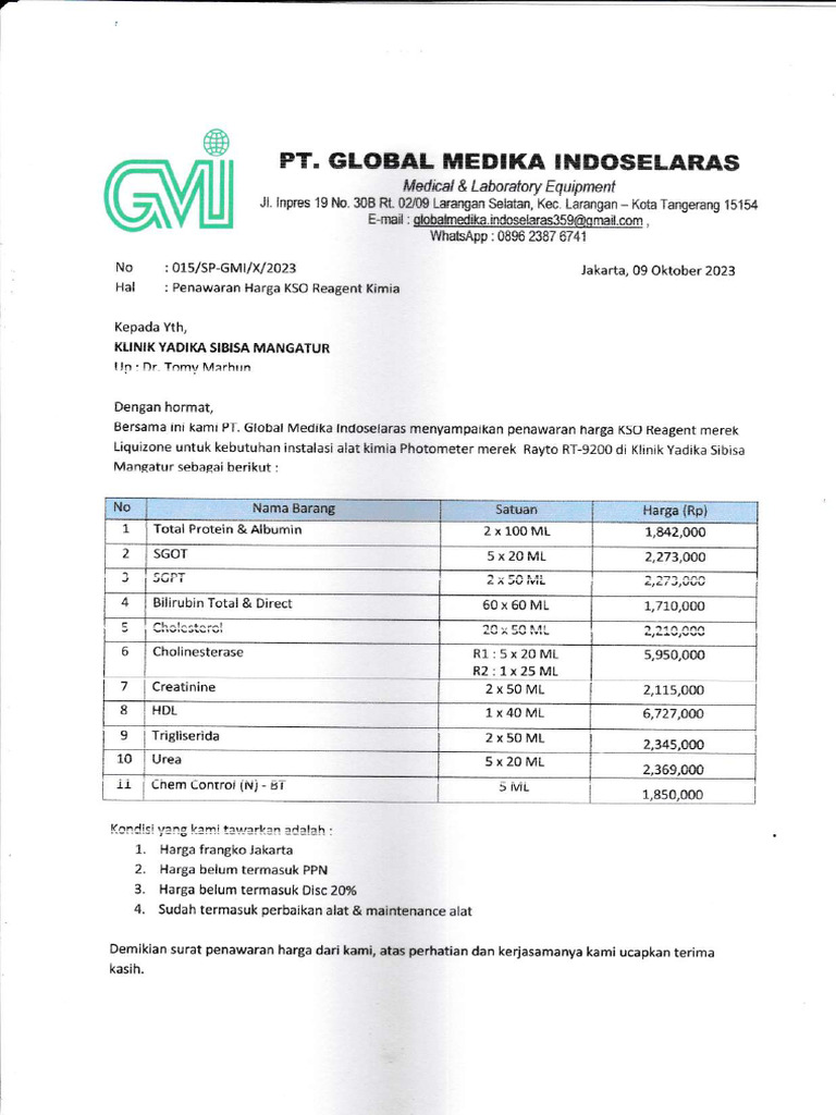 Penawaran Harga Reagent Kimia Klinik Yadika Sibisa Mangatur | PDF