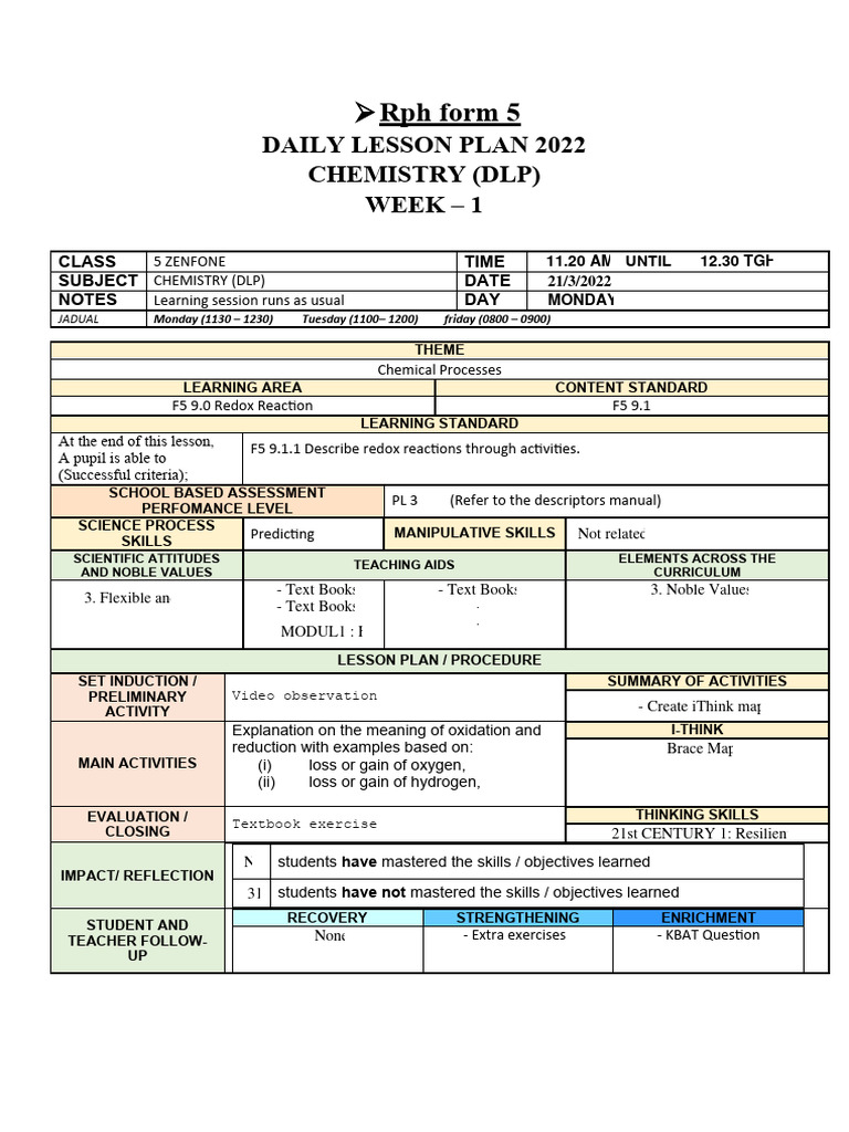 Week 1 RPH | PDF | Redox | Lesson Plan
