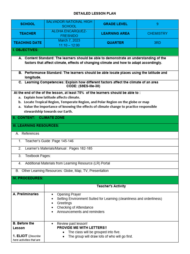 Grade 9 Climate Lesson Plan | PDF | Career & Growth