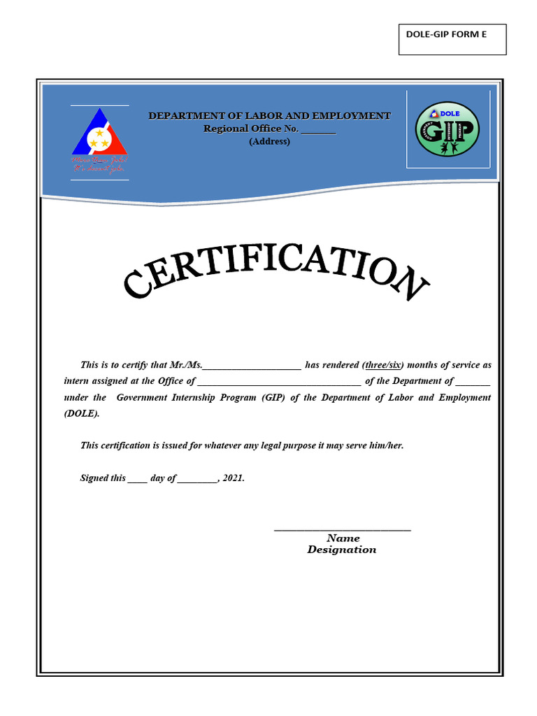 Dole Gip Certificate of Completion - Form e | PDF | Career & Growth ...