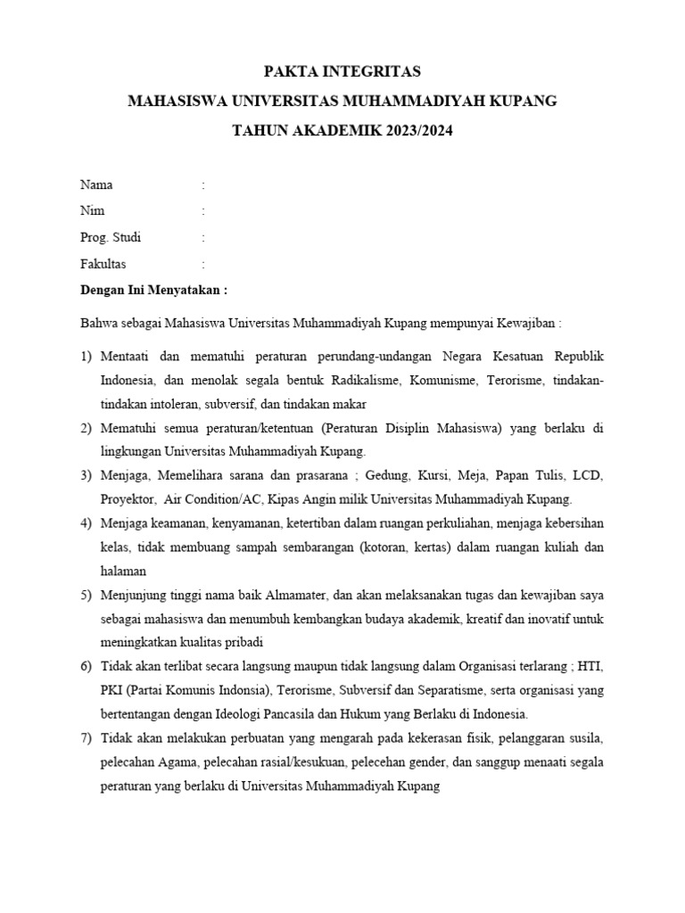Pakta Integritas Mahasiswa 2023 | PDF