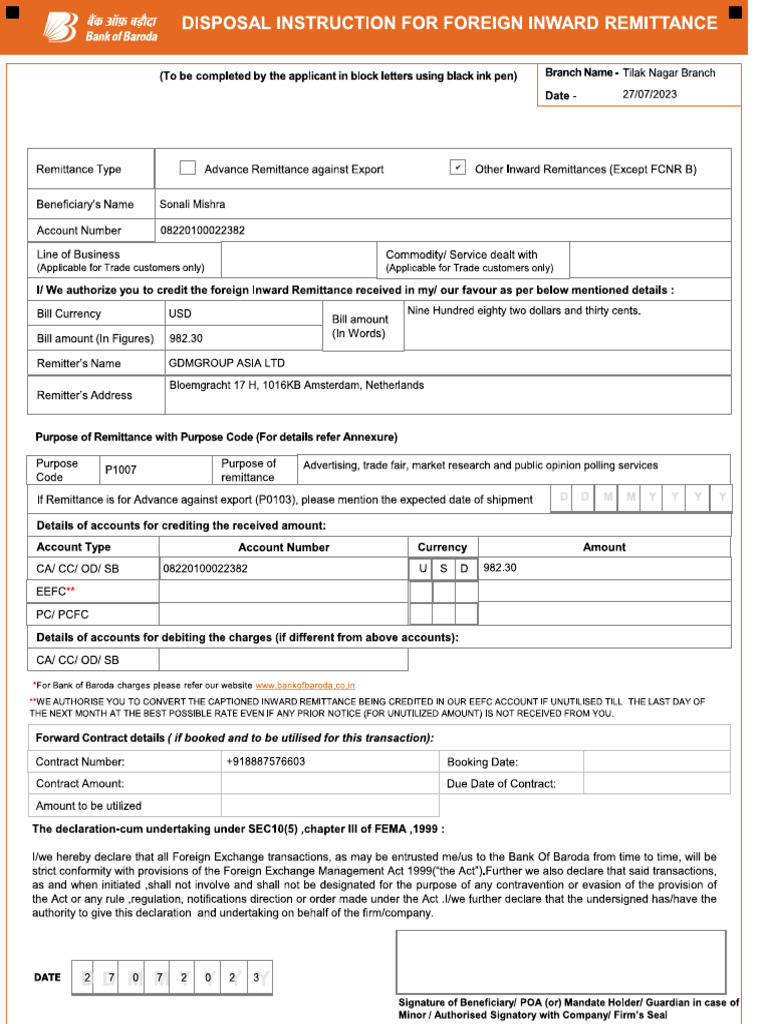 BOB Foreign Inward Remittance Application Form | PDF