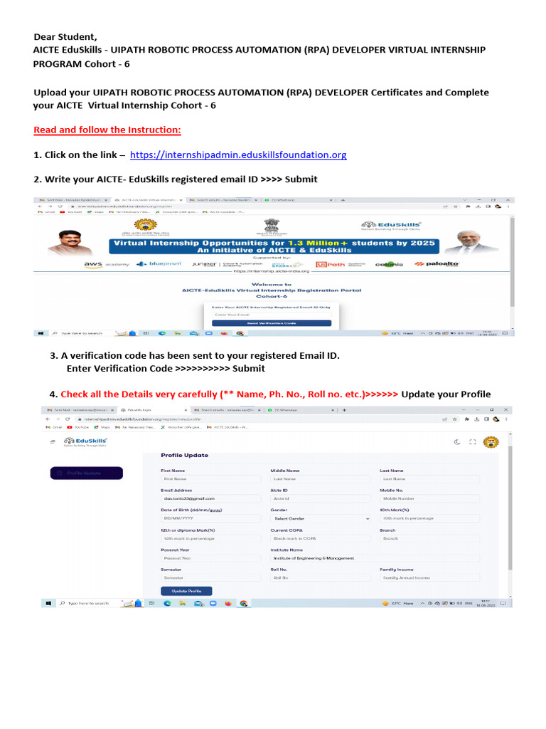 Certificate Submission For Aicte Eduskills - Uipath Robotic Process Automation (Rpa) Developer ...