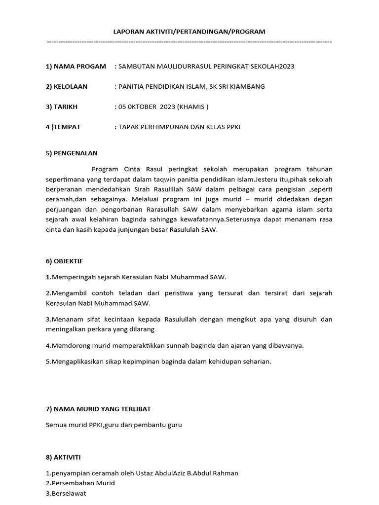 Laporan Aktiviti Program - Maulidurrasul | PDF