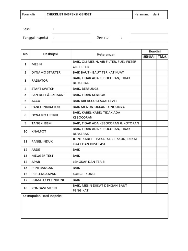 Checklist Inspeksi Genset | PDF