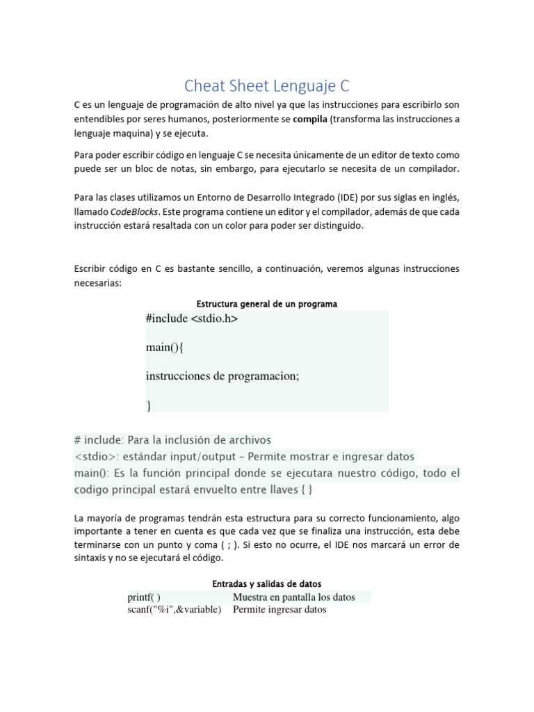 Cheat Sheet Lenguaje C | PDF