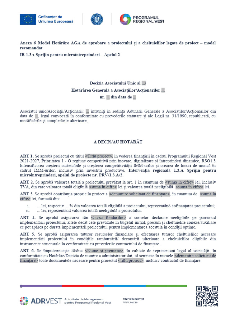 Anexa 6 - Hotarare AGA de Aprobare A Proiectului - IR 1.3A - Apel 2 | PDF