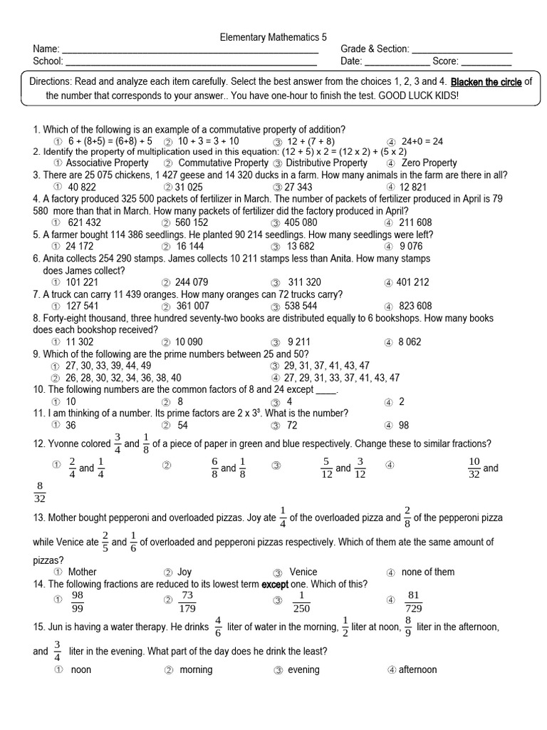 PT - Math 5 - Q1 | PDF | Subtraction | Multiplication