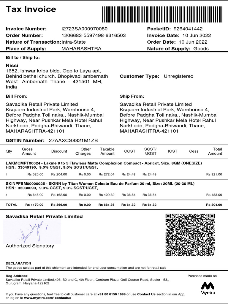Bill To / Ship To:: Qty Gross Amount Discount Other Charges Taxable ...