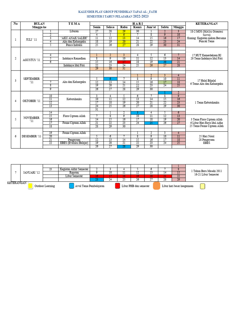 Kalender Pendidikan TK Semester I | PDF