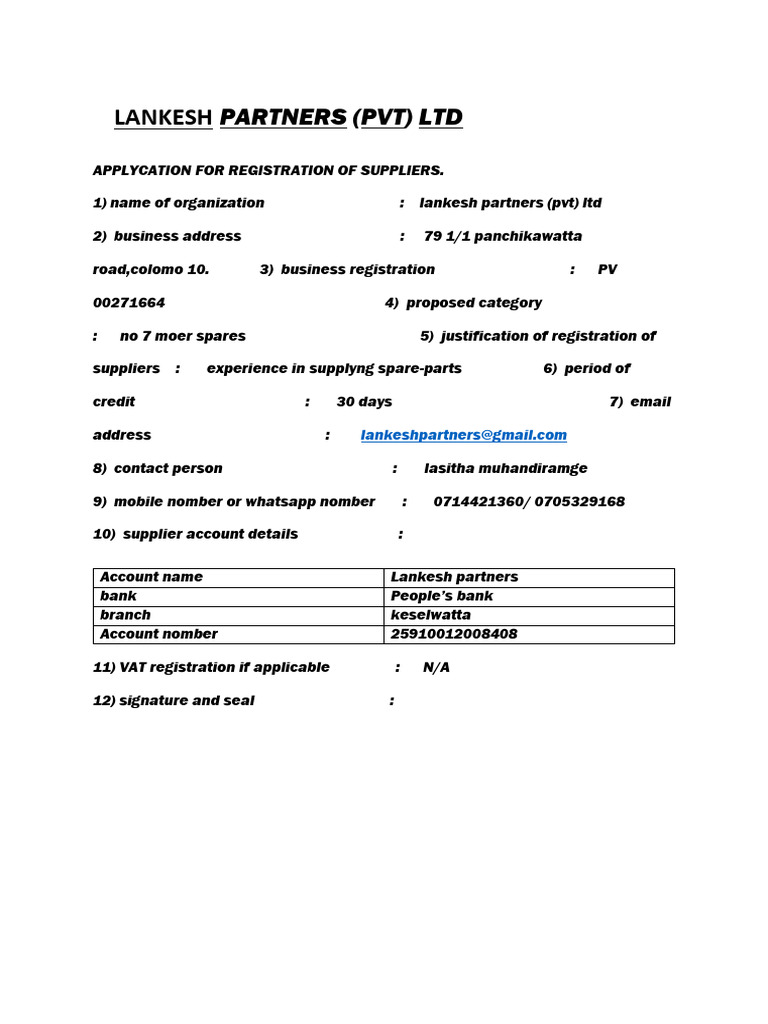 Supplier Registration Application Form | PDF