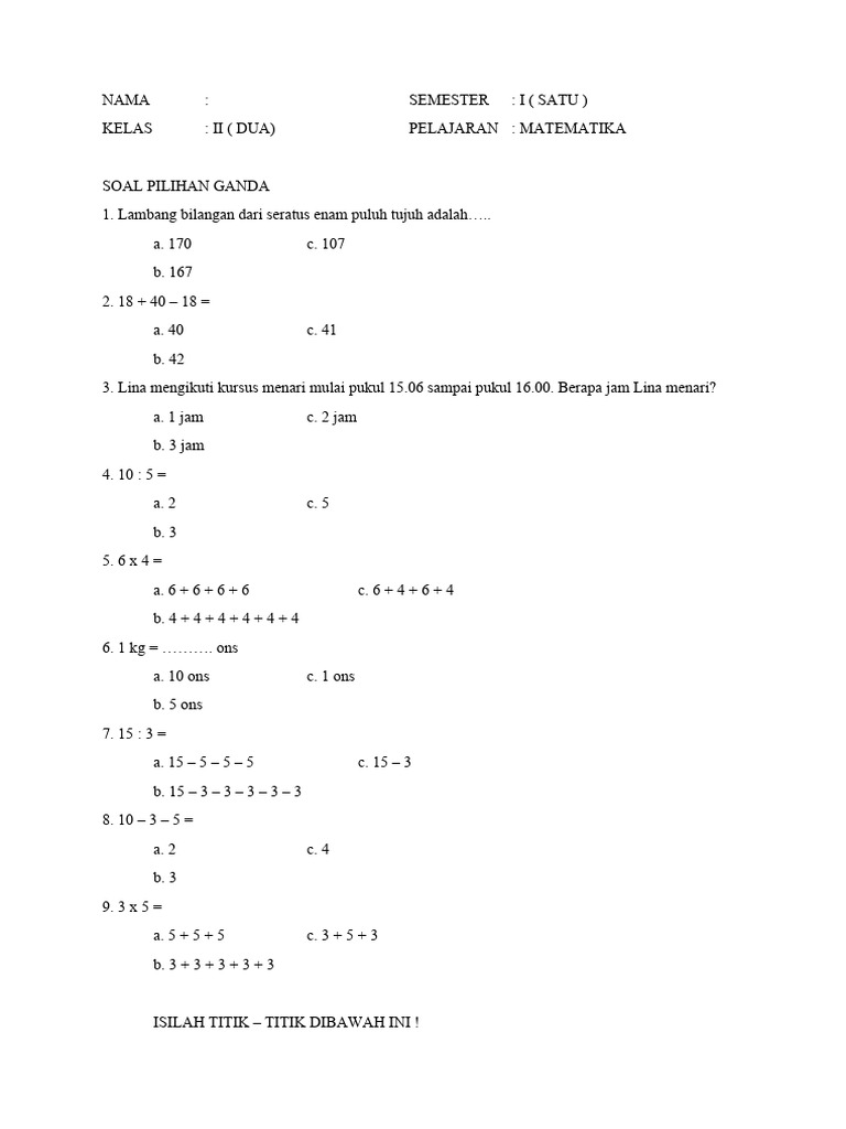 Soal Kelas II Semester I Matematika | PDF