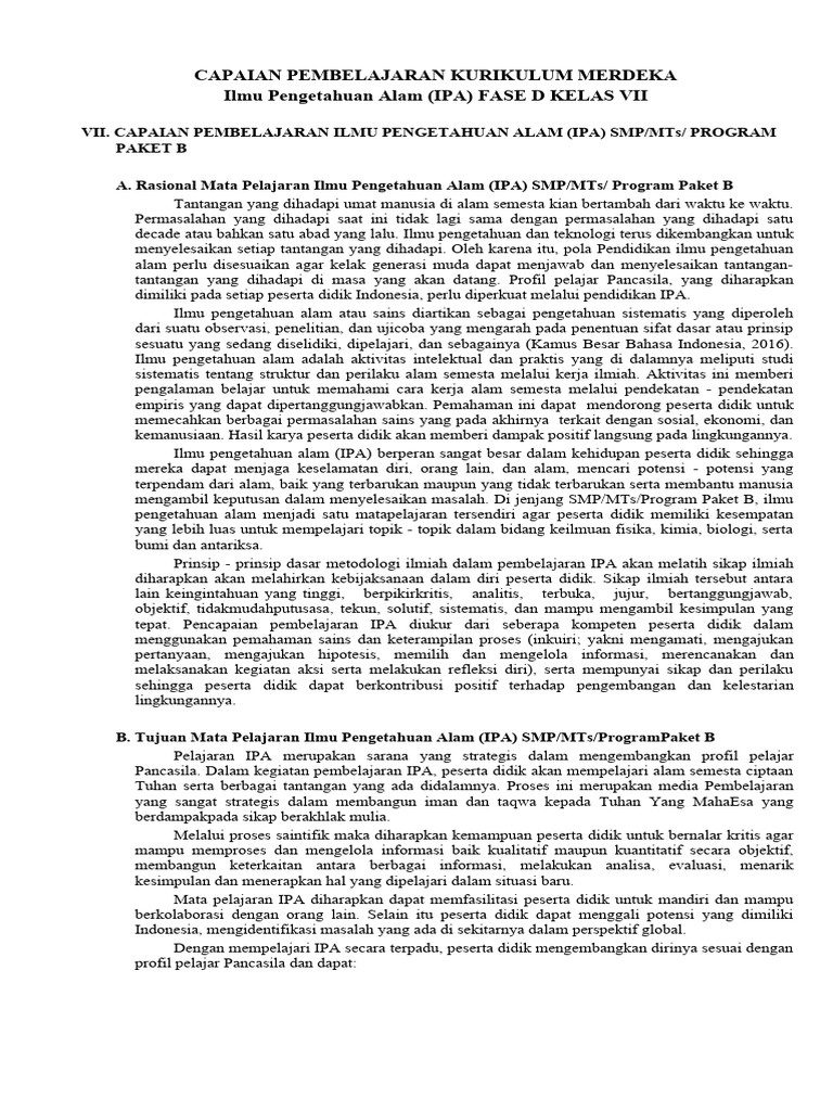 Capaian Pembelajaran Kurikulum Merdeka | PDF