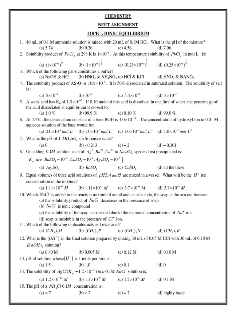 (Chap No7) Ionic Equilibrium Che Neet Assignment | PDF (Chap No7) Ionic Equilibrium Che Neet Assignment | PDF