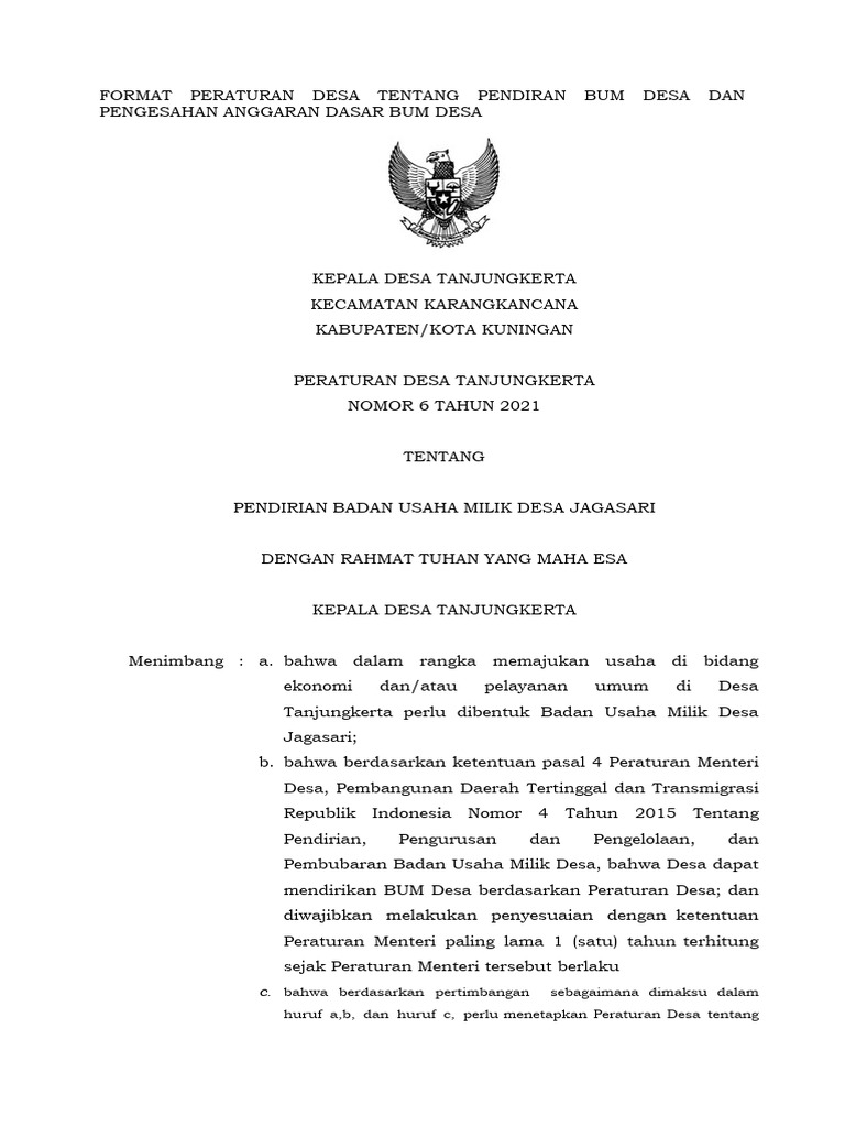 Format Perdes Pembentukan Bumdes | PDF