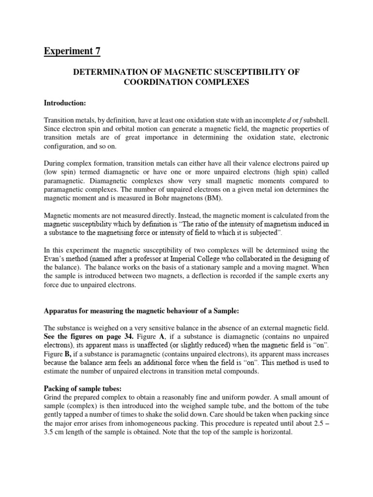Experiment 6 - Determination of Magnetic Susceptibility of Coordination ...